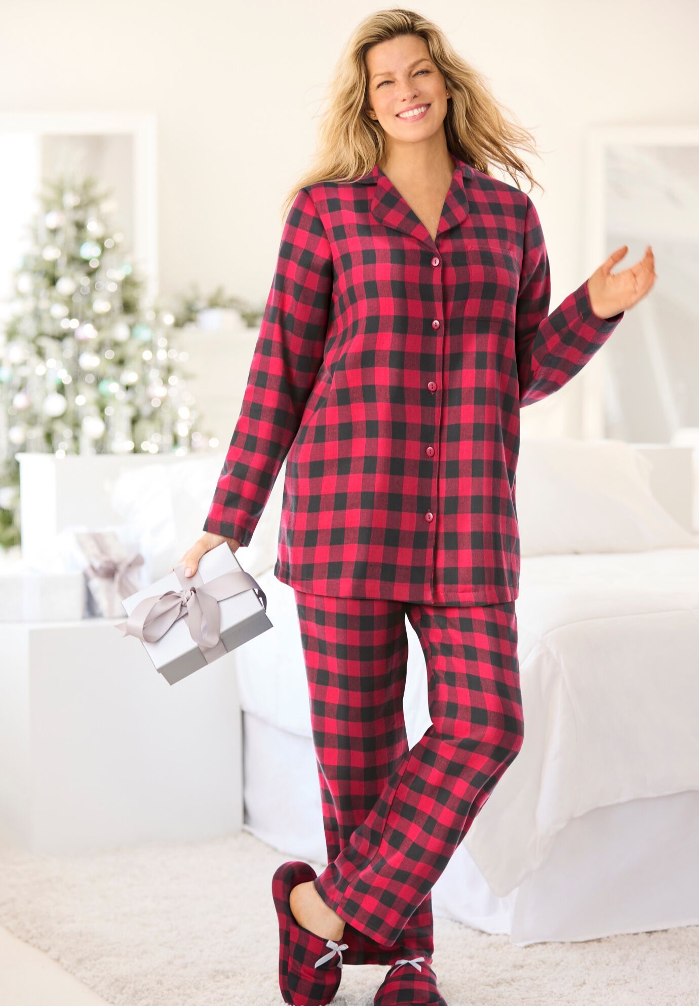 Matching Flannel PJ Set & Slipper, Red Buffalo | Intimates For All